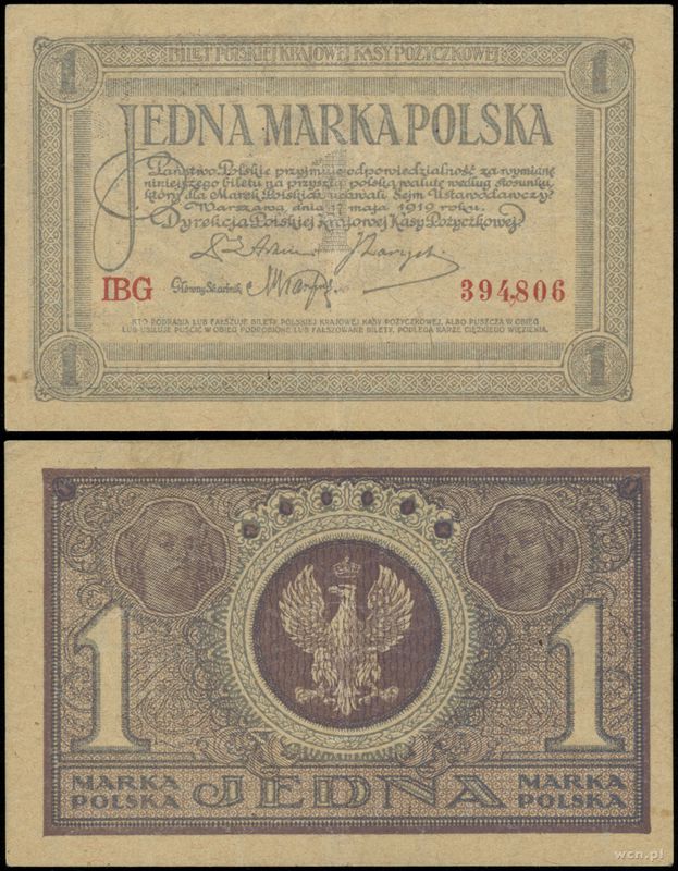 1 marka polska, 17.05.1919, seria IBG, numeracja 394806, Polska ...
