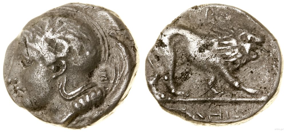 didrachma, ok. 340–334 pne, Aw: Głowa Ateny w hełmie attyckim w lewo ...
