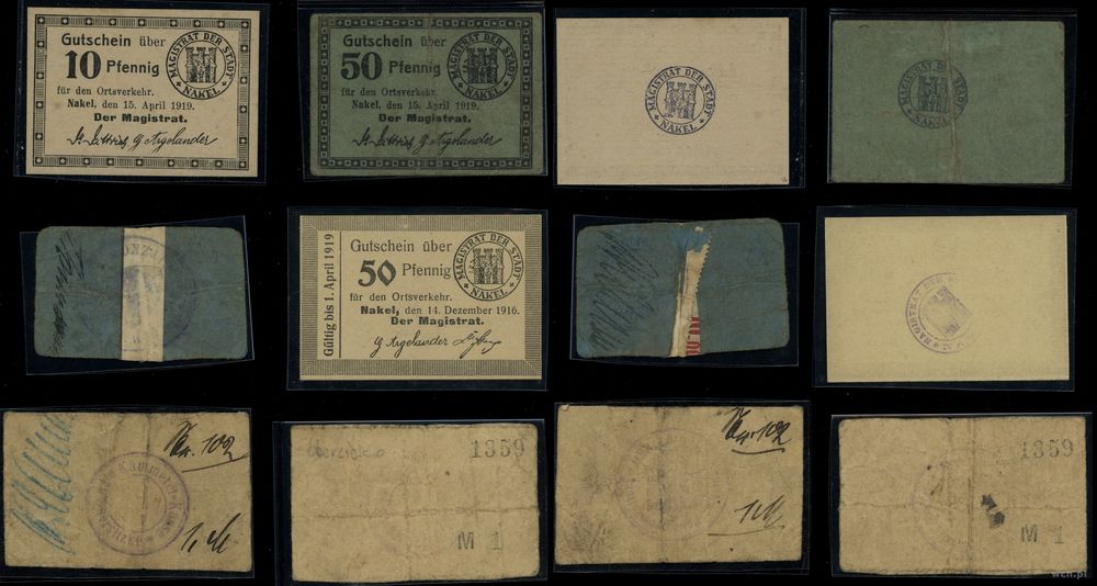 zestaw 6 banknotów, 1914–1919, 1) 50 fenigów 1916 Nakło 2) 10 fenigów ...